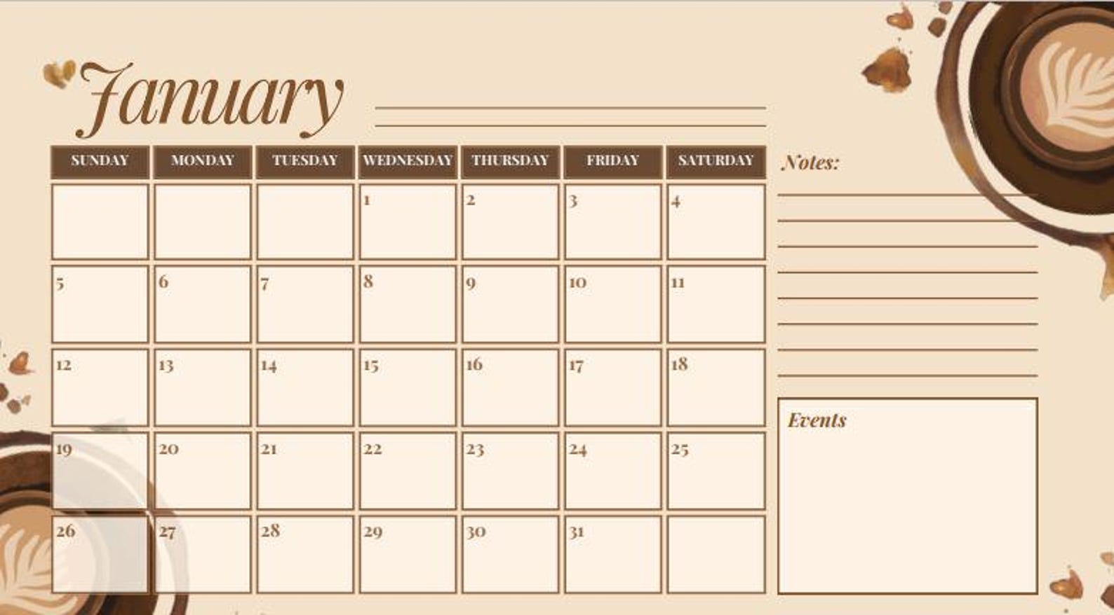 2025 Beige and Brown Calendar Boho Style – Monthly Notes & Events ...