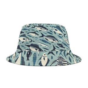Personalizable Bucket Hat, Blue Fisherman Cap With Swimming Fish ...