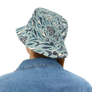 Personalizable Bucket Hat, Blue Fisherman Cap With Swimming Fish ...