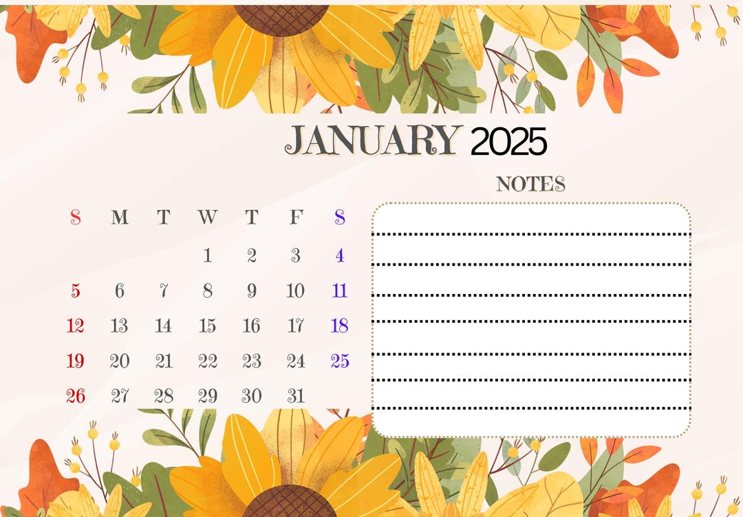 Buy 2025 Calendar, Printable Calendar 2025, Calendar 2025, Sunflower ...