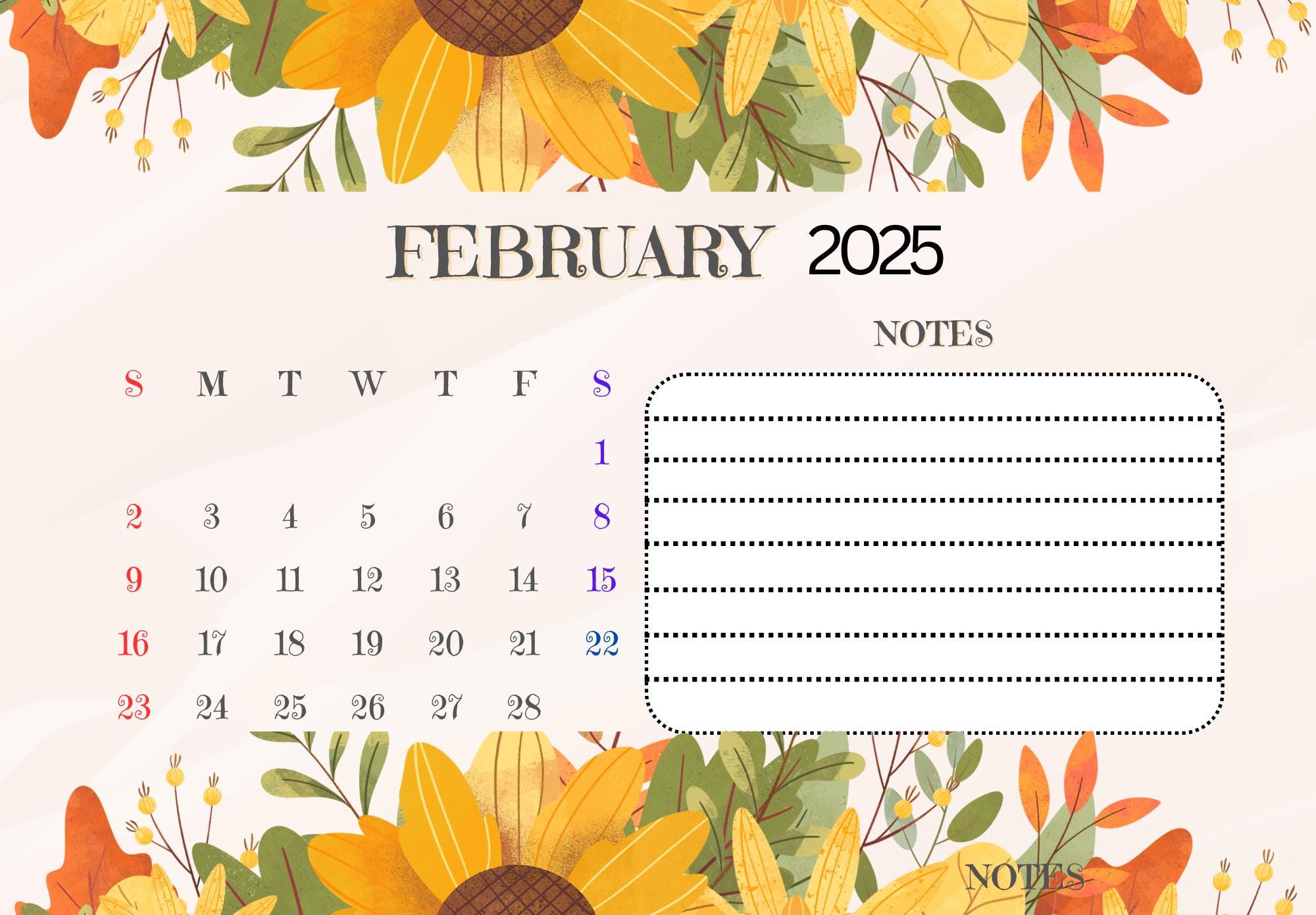 2025 Calendar, Printable Calendar 2025, Calendar 2025, Sunflower ...
