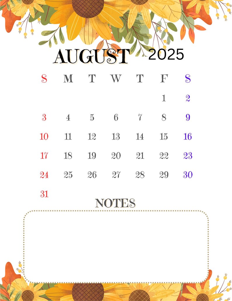 2025 Printable Calendar. Calendar 2025, Sunflower Calendar. Monthly ...