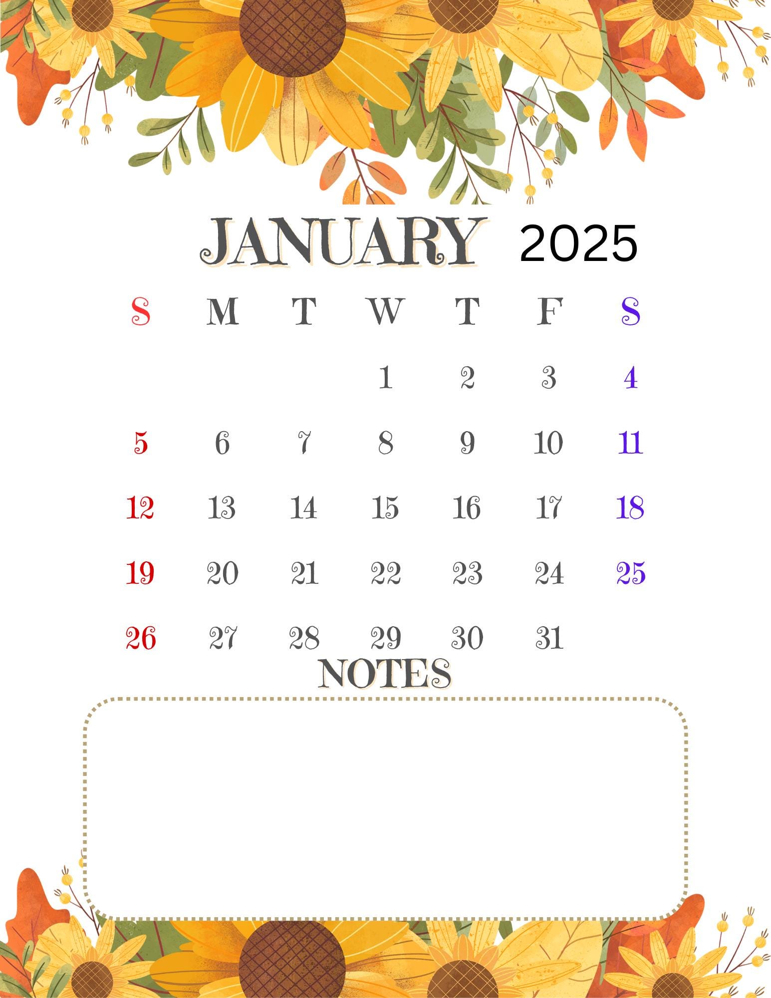 2025 Printable Calendar. Calendar 2025, Sunflower Calendar. Monthly ...