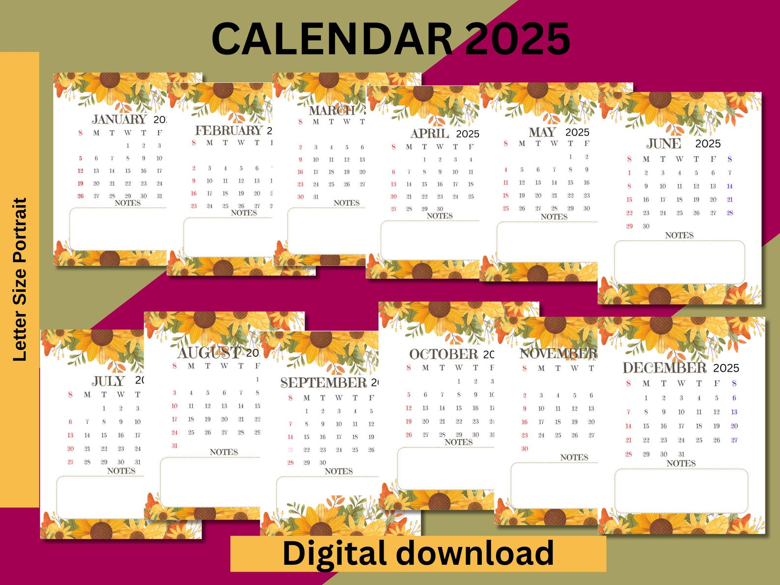 2025 Printable Calendar. Calendar 2025, Sunflower Calendar. Monthly ...