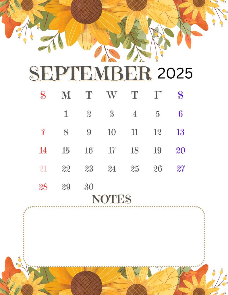 2025 Printable Calendar. Calendar 2025, Sunflower Calendar. Monthly ...