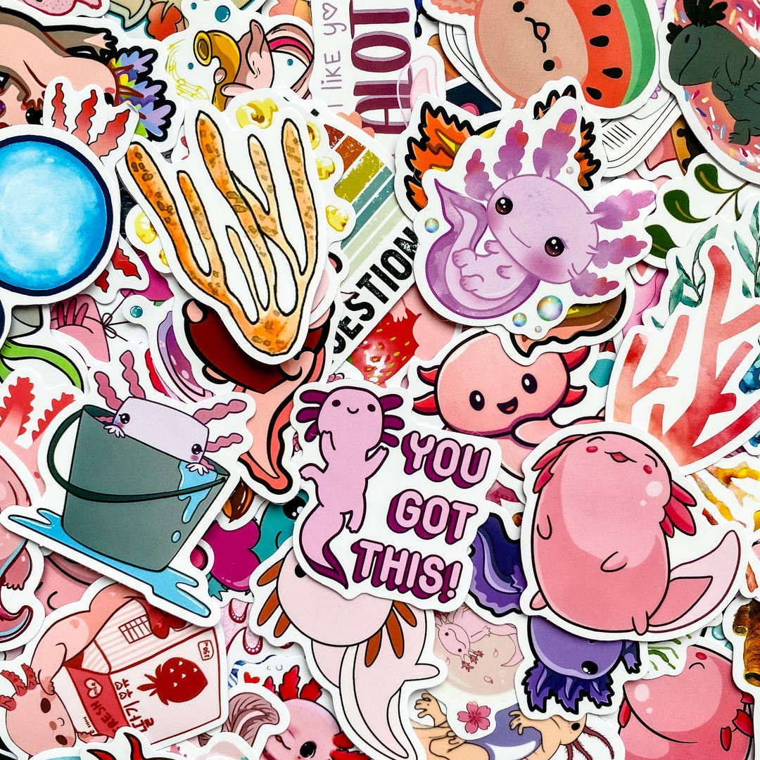 50 Random Axolotl Sticker Pack, Adorable Waterproof Axolotl Stickers ...