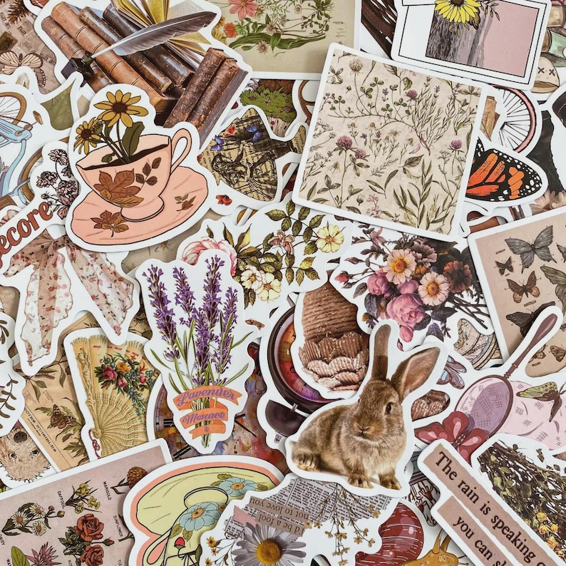 50 Random Vintage Stickers, Aesthetic Floral Designs, Retro Stickers ...
