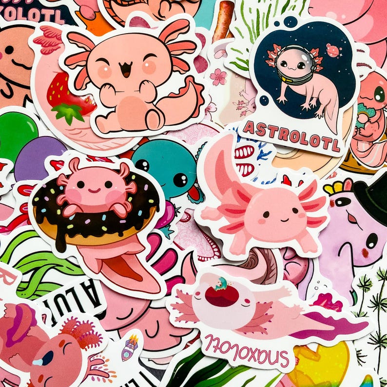 50 Random Axolotl Sticker Pack, Adorable Waterproof Axolotl Stickers ...