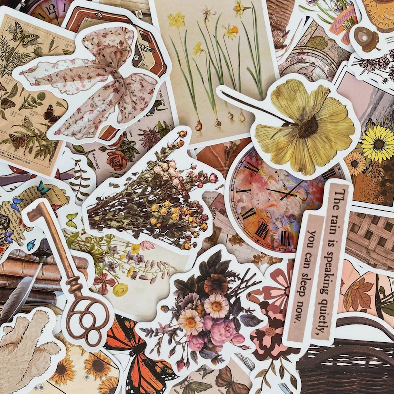 50 Random Vintage Stickers, Aesthetic Floral Designs, Retro Stickers ...