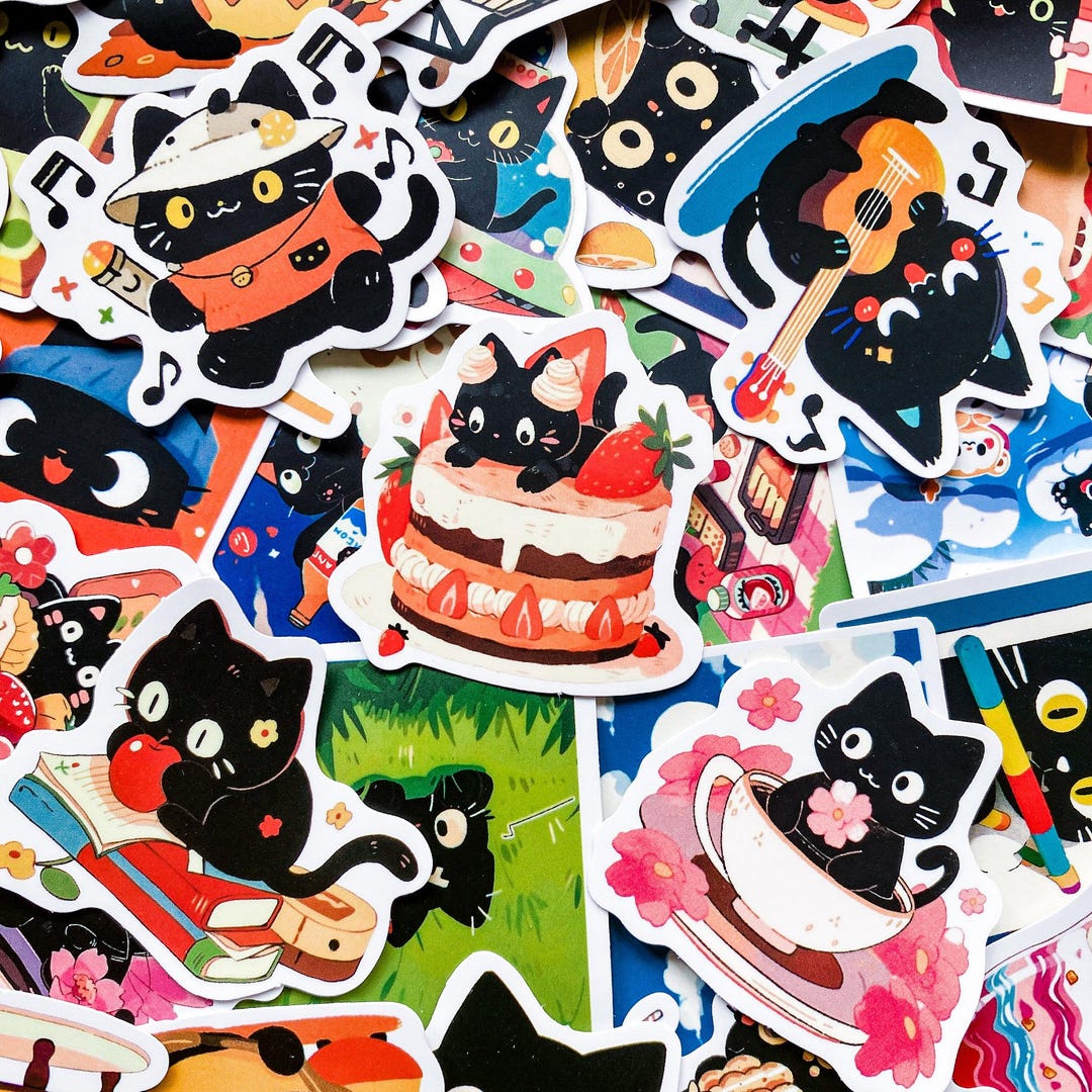 50 Cute Black Cat Stickers, Cartoon Cat Stickers, Funny Waterproof ...