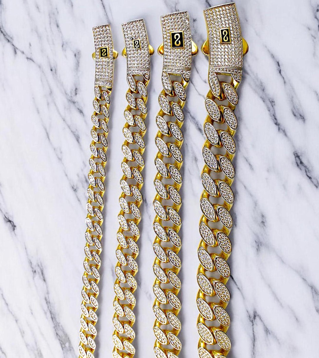 14k Gold Miami Cuban Monaco CZ Chain Necklace Bracelet Real Gold Full ...