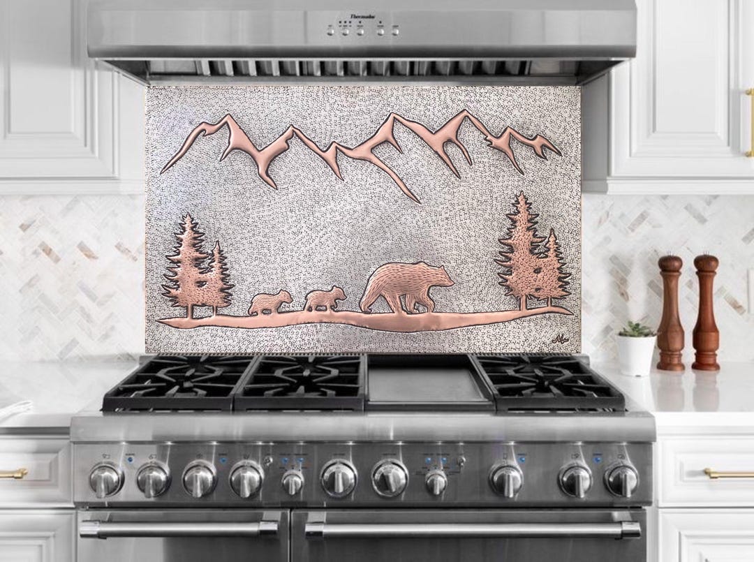 Handmade Copper Bear Family and Forest Scenery Backsplash Tile, Pine ...