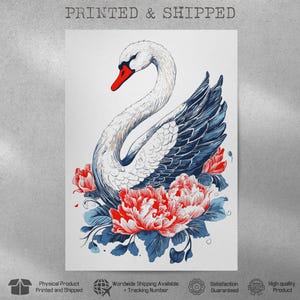 Elegant Swan With Floral Design – Detailed Giclée Art Print in Red ...