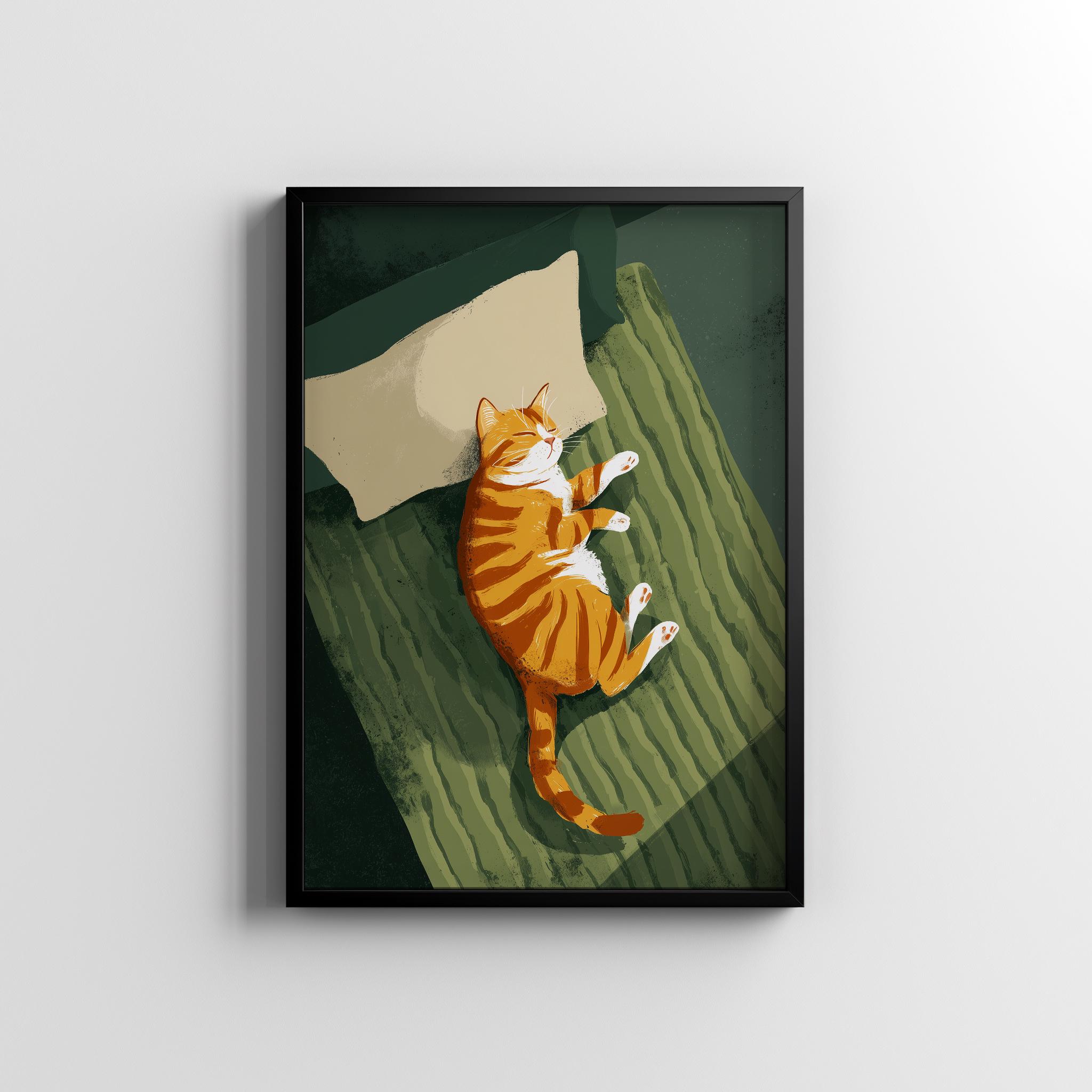 Impressão artística aconchegante de um gato laranja tigrado dormindo ...