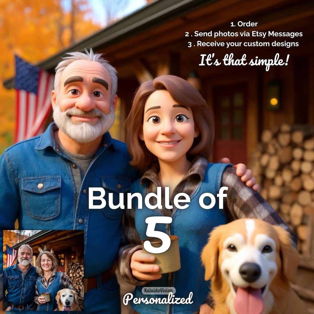 Personalized 3D Cartoon Portrait: Custom Family or Pet Art (bundle of 5 ...