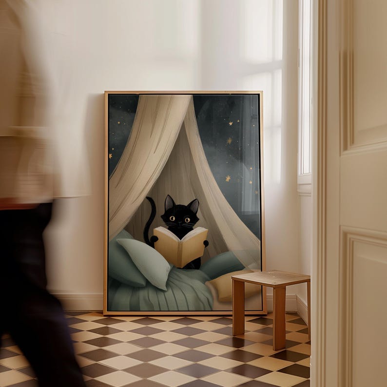 Arte de parede aconchegante para a noite, com um gato preto e um livro ...