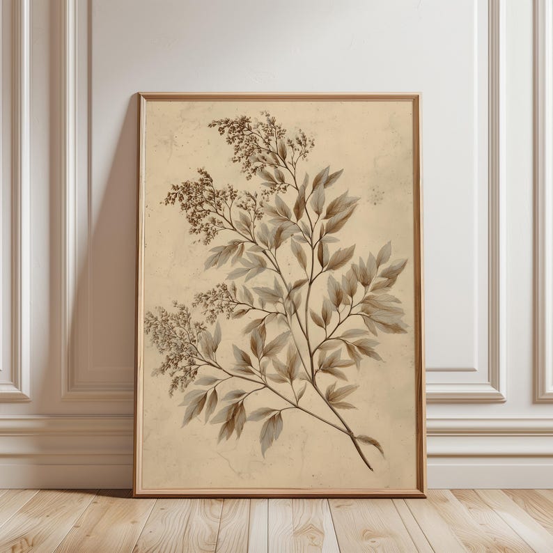Botanical Branch Ink Drawing - Cottagecore Wall Art, Retro Style Sepia ...
