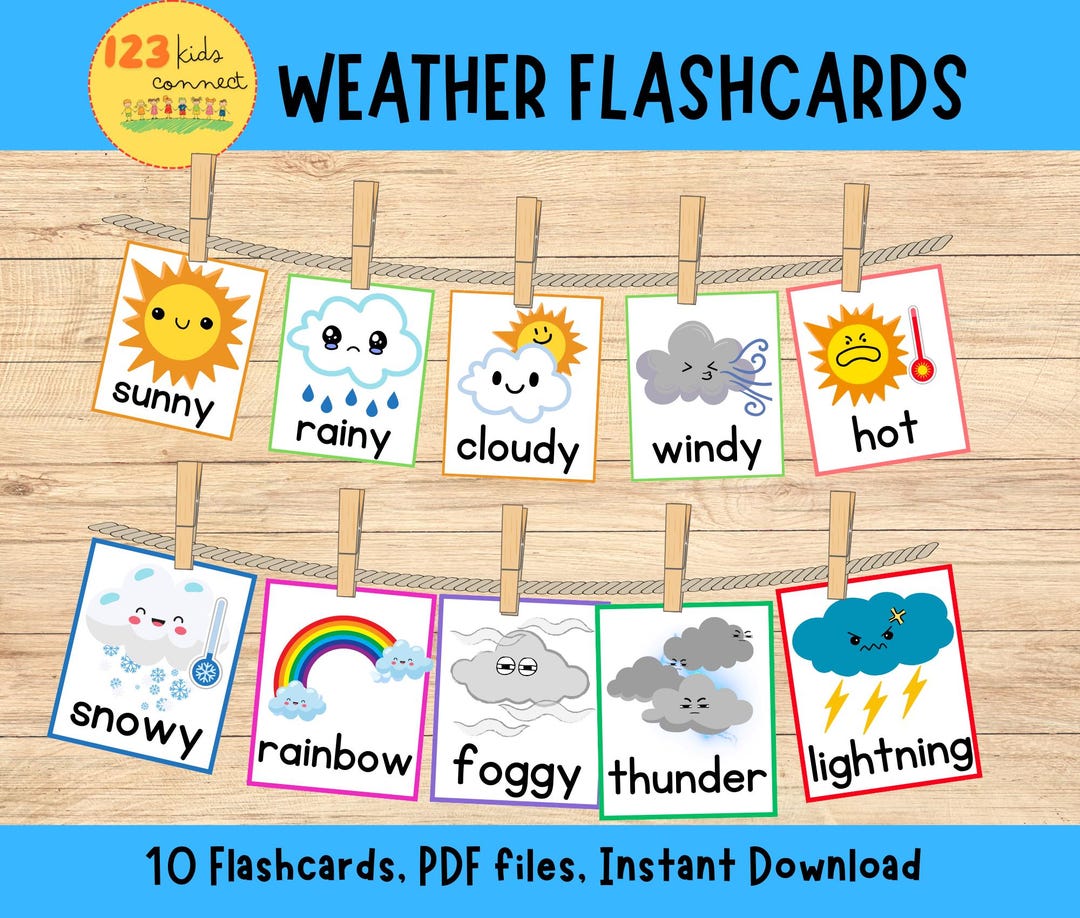 Weather Cards WEATHER Vocabulary, 10 Montessori Cards, Nomenclature ...