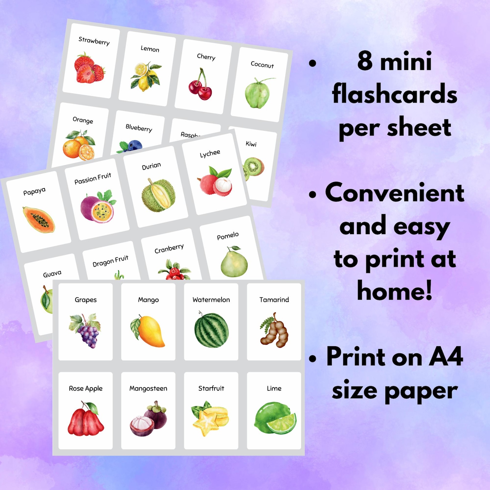32 Mini Watercolor FRUIT Flashcards, Kids Printable, Learning Fruit ...