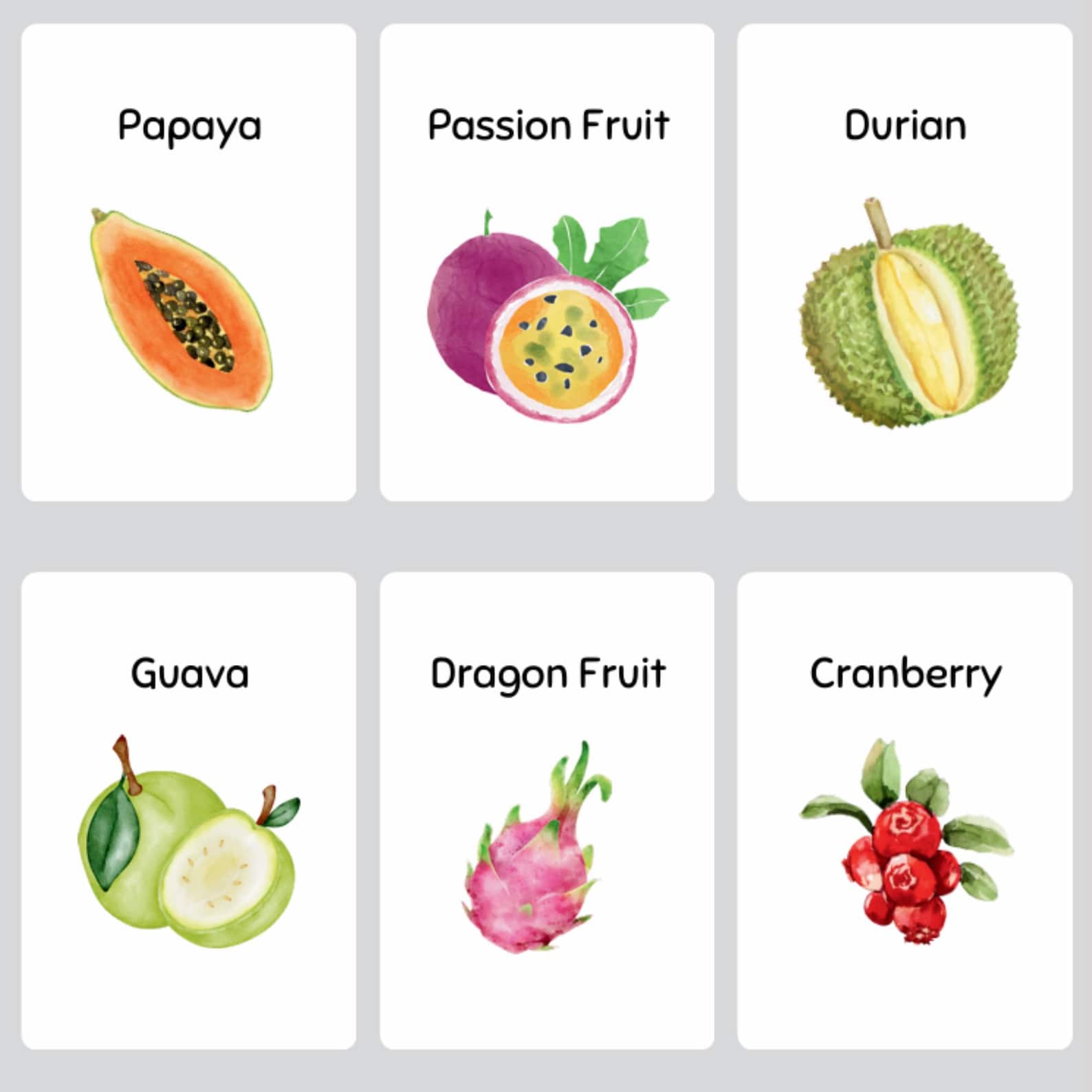 32 Mini Watercolor FRUIT Flashcards, Kids Printable, Learning Fruit ...
