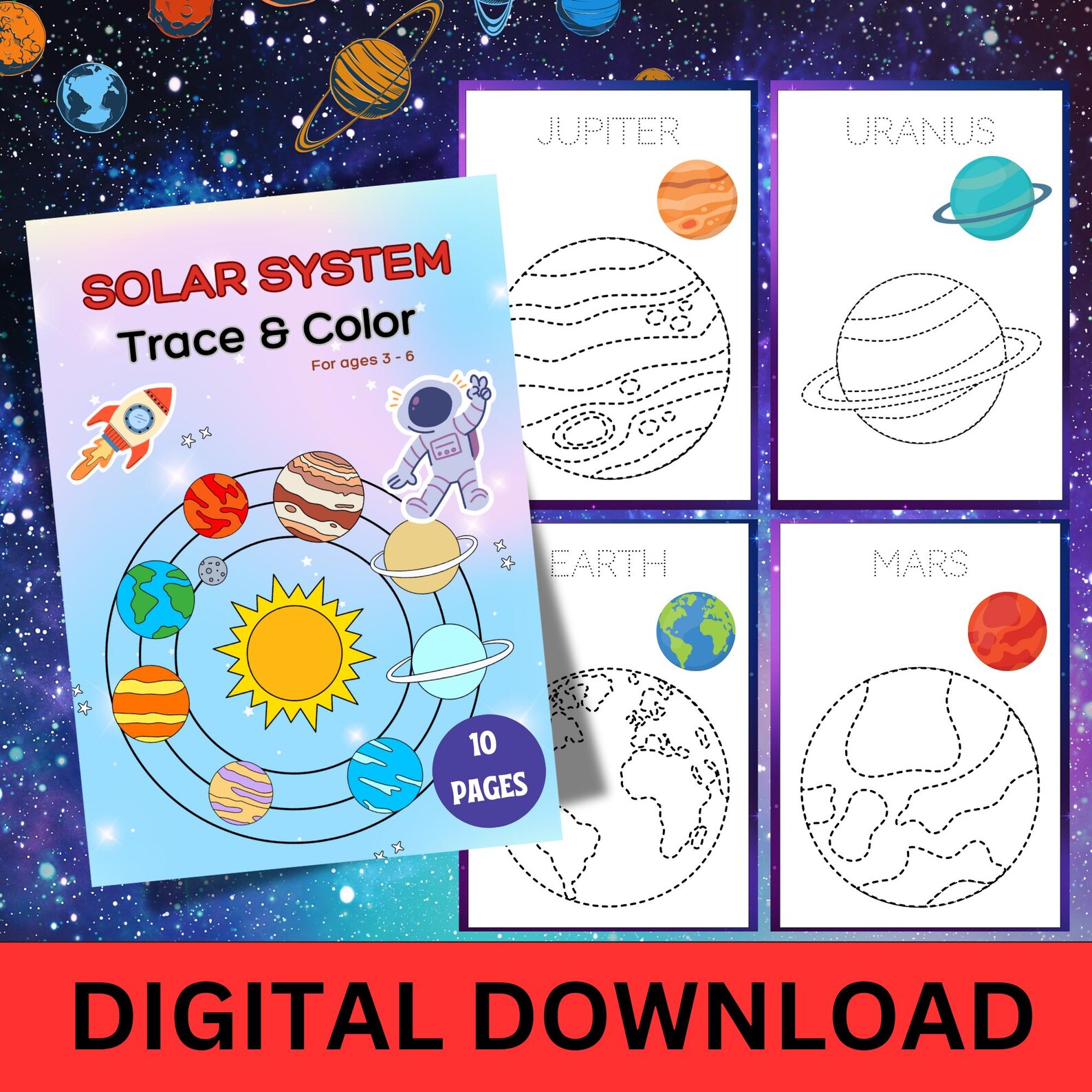 Solar System Trace and Coloring Pages, Outer Space, Planets Coloring ...