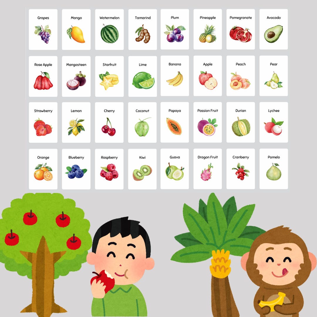 32 Mini Watercolor FRUIT Flashcards, Kids Printable, Learning Fruit ...