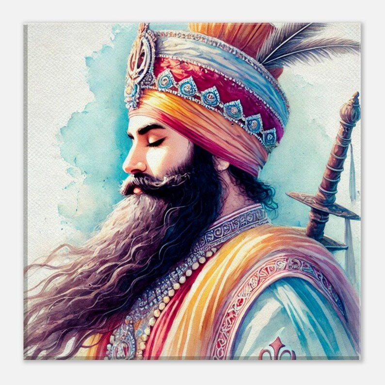 Majestic Sikh Warrior in Turban Watercolor Canvas Art Historical and ...