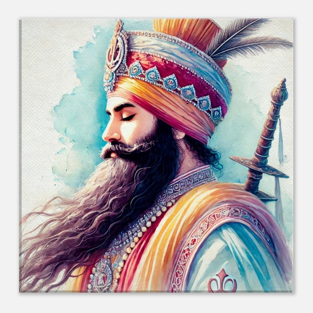Majestic Sikh Warrior in Turban Watercolor Canvas Art Historical and ...