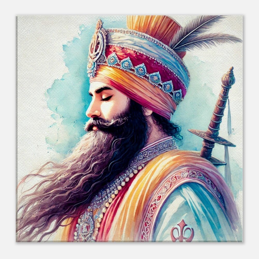 Majestic Sikh Warrior in Turban Watercolor Canvas Art Historical and ...