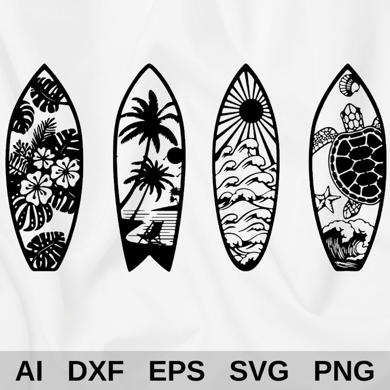 Surfboard SVG Bundle | DXF, EPS, Png, Ai Files | Beach Palm Tree Turtle ...