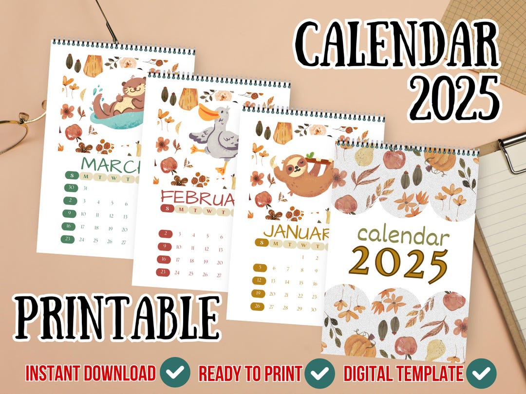 2025 Minimalist Autumn Calendar Cute Animal Digital Template ...