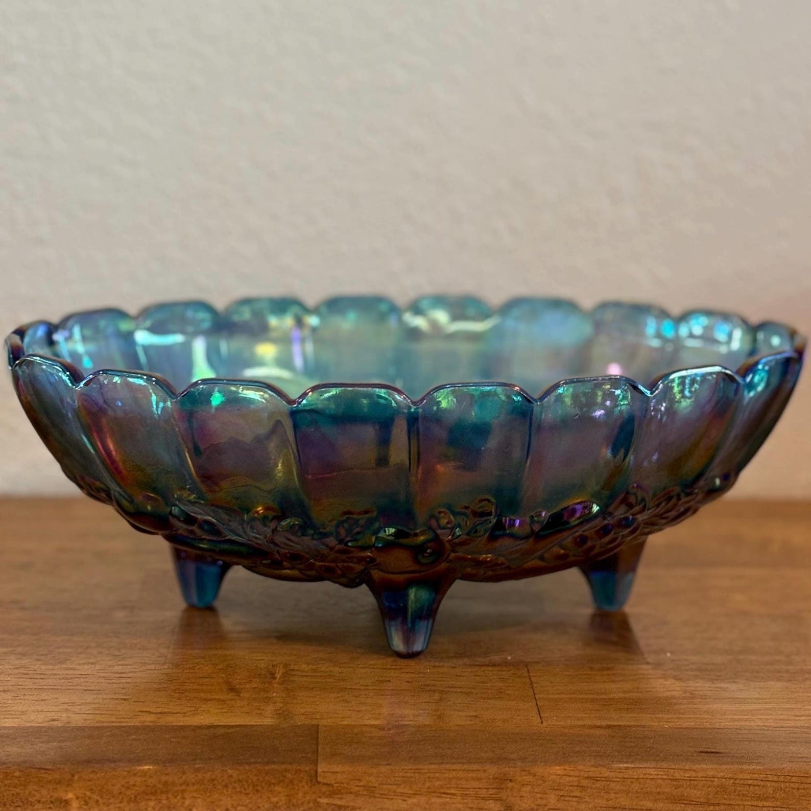 Vintage Blue Carnival Glass Footed Bowl - Etsy