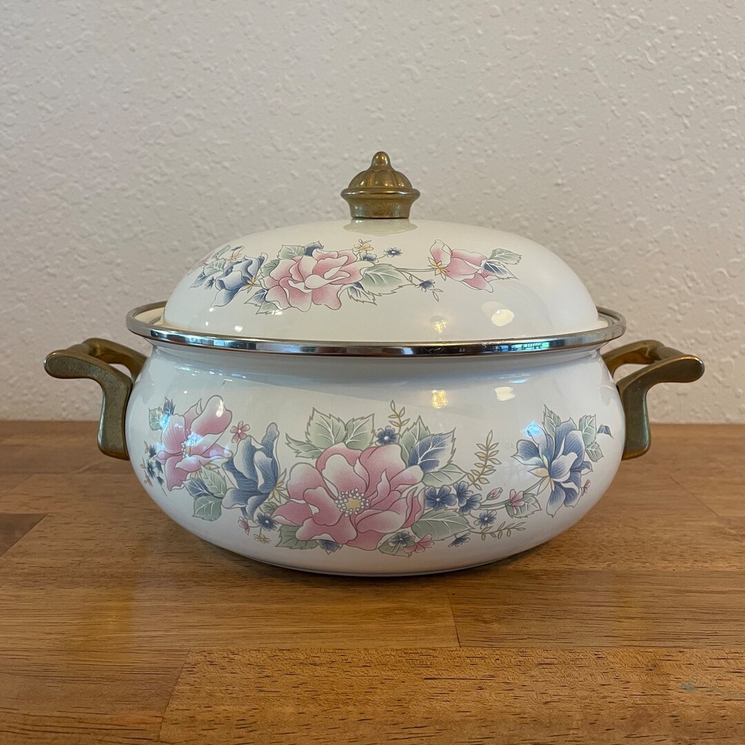 Vintage Enamel Floral Dutch Oven Decorative Bowl With Lid - Etsy