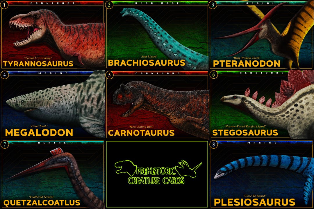 Prehistoric Creature Cards Collection 01 Cards 1-8 - Etsy