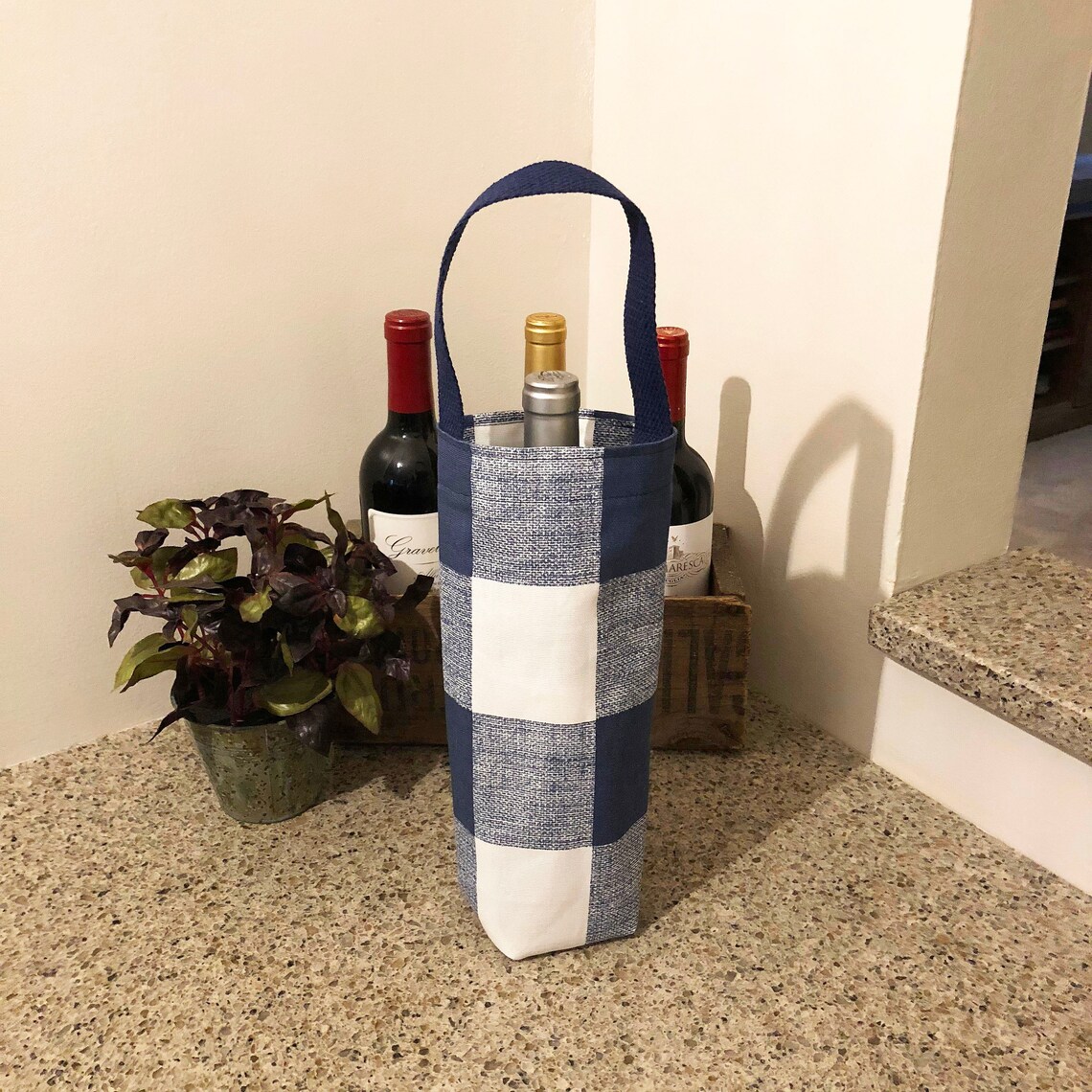 Wine Carrier Blue White Buffalo Check Wine Bag Wine Bag Holiday Wine ...