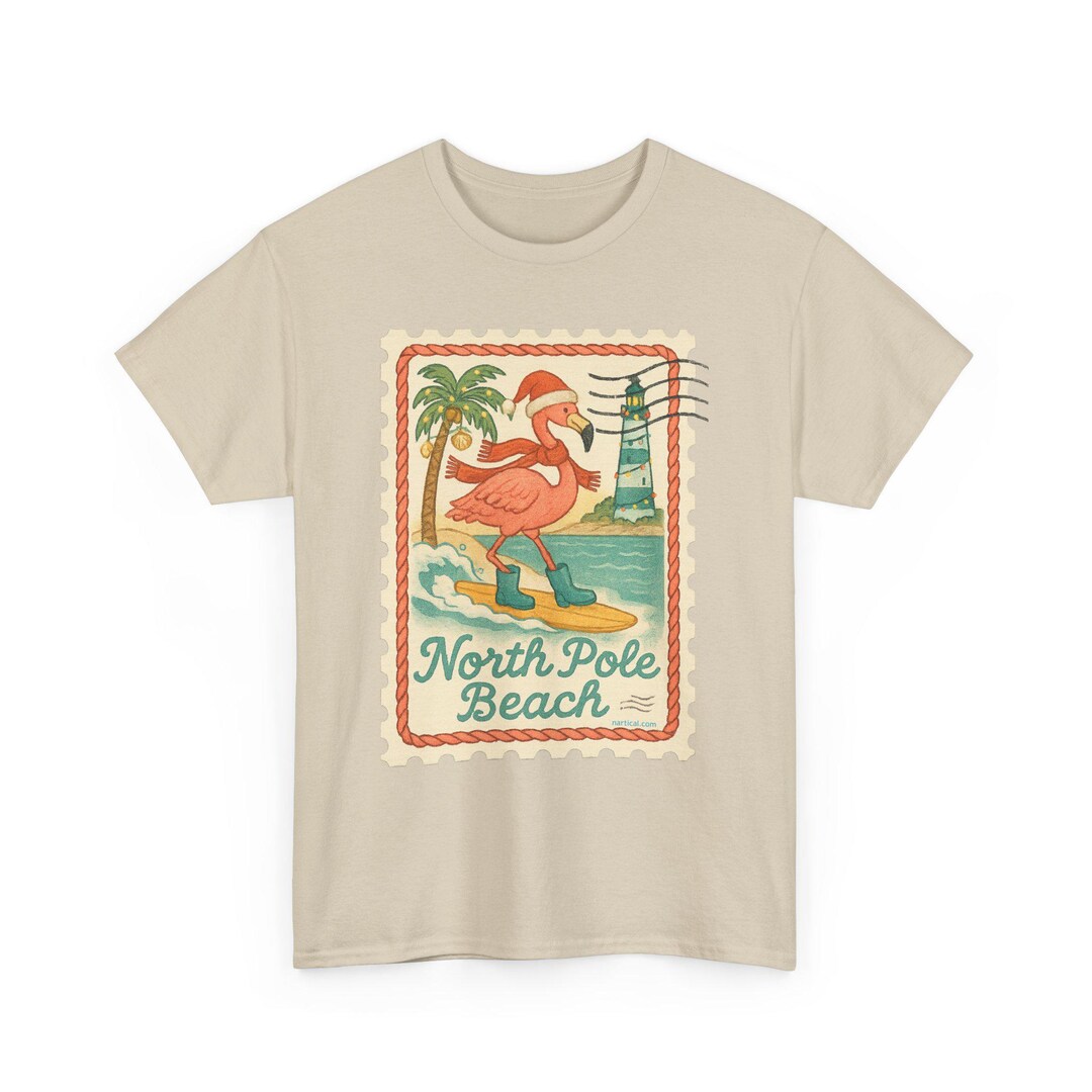 North Pole Beach Flamingo Christmas Postage Stamp T-shirt | Vintage ...
