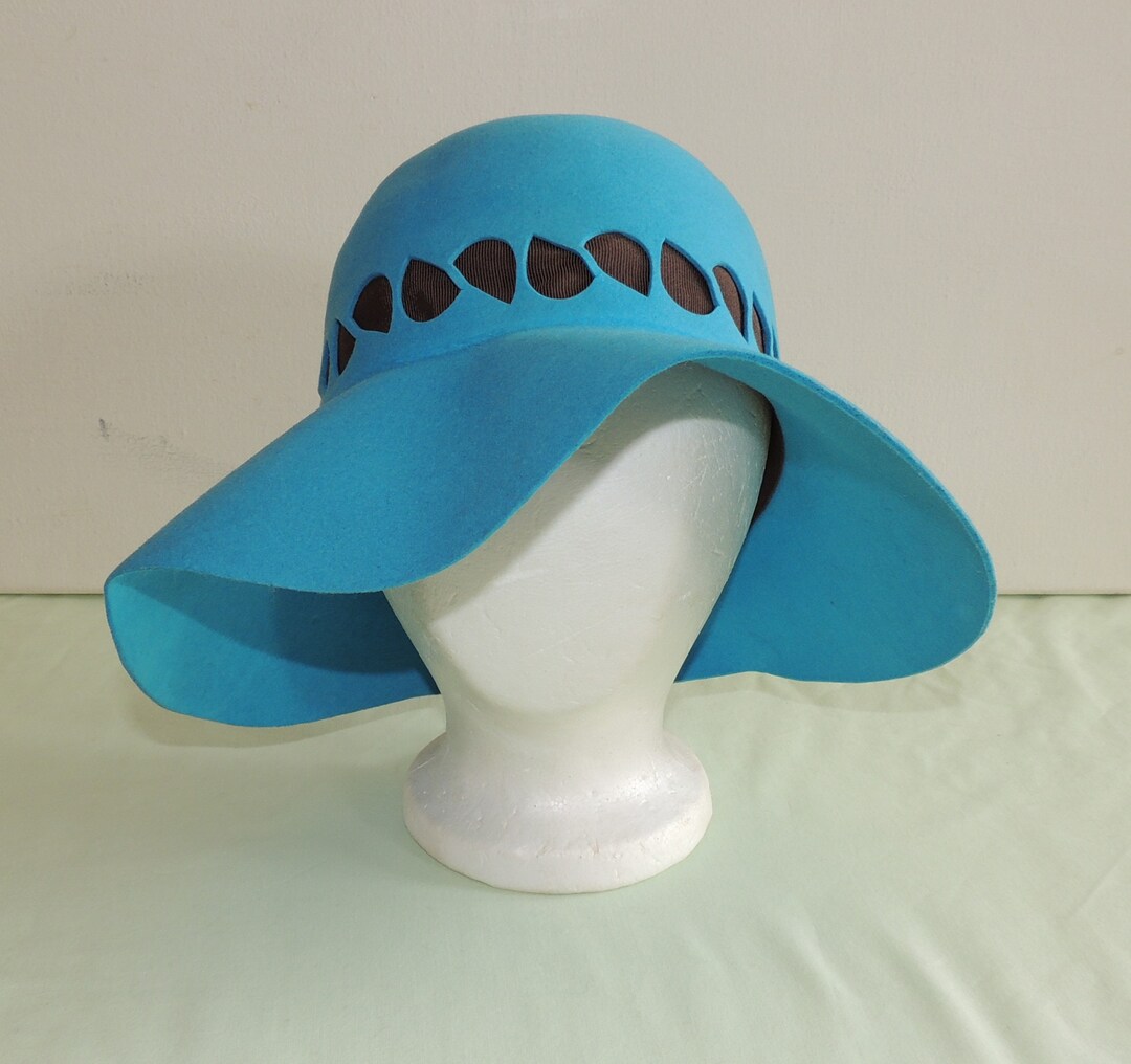 Vintage 1960s British Mod Cloche Hat Jacoll Floppy Bright Sky Blue With ...