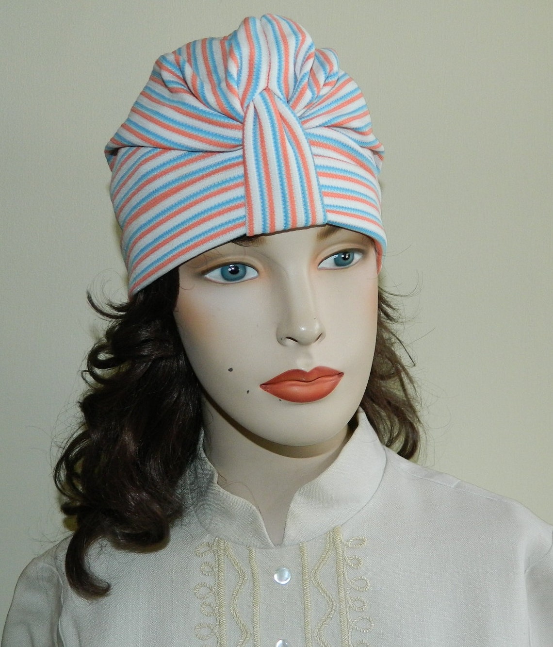 1960s Striped Knit Turban Space Age Cap Salmon Pink Light Blue | Etsy
