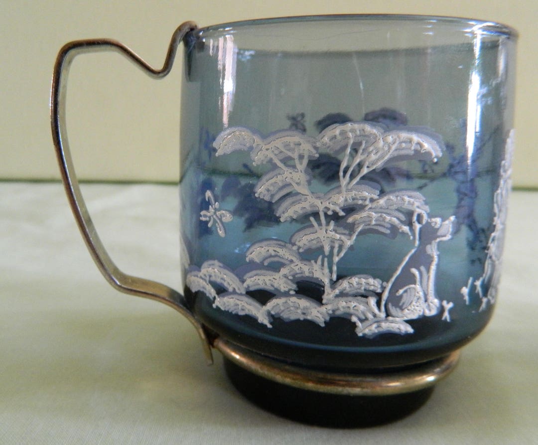 Vintage Mary Gregory Cups Libby Cobalt Blue Glass Mugs White Enamel ...