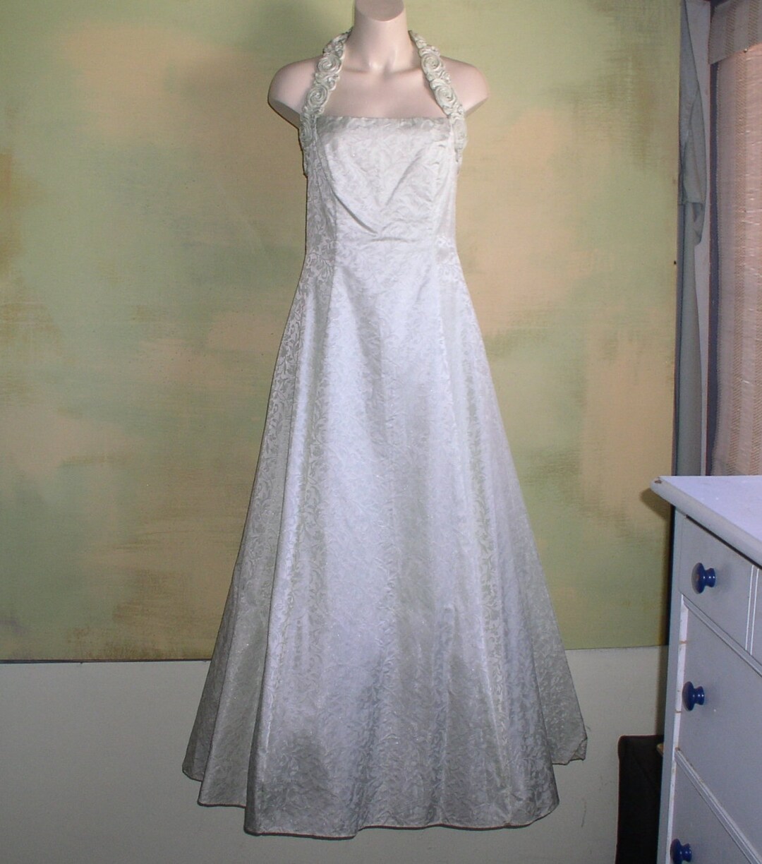 M L Pastel Pale Green Prom Dress Silver Metallic Floral Brocade Niki ...