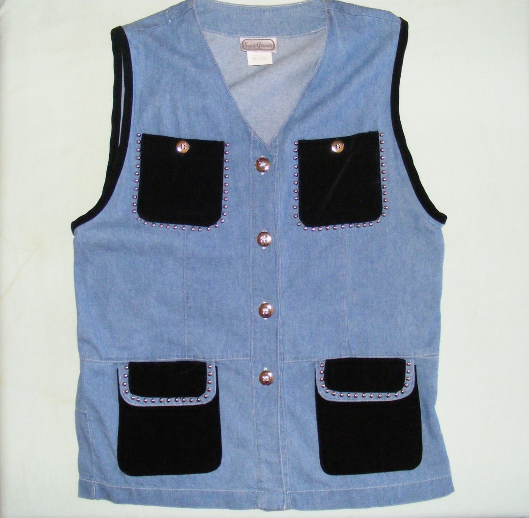 M Vintage 80s Ladies Western Vest Denim and Black Velvet Vest Studded Rodeo Cowgirl Saint ...