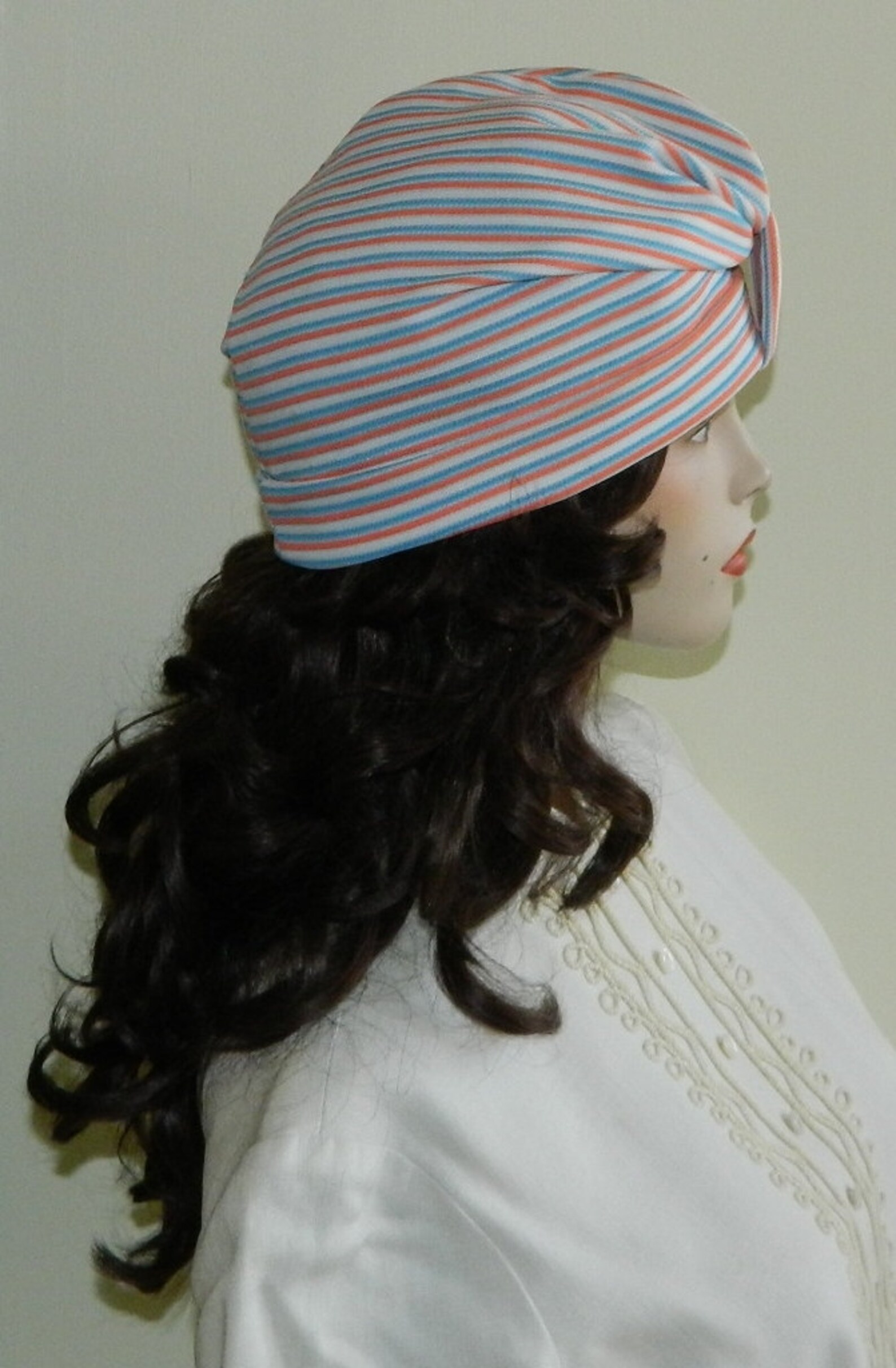 1960s Striped Knit Turban Space Age Cap Salmon Pink Light Blue | Etsy