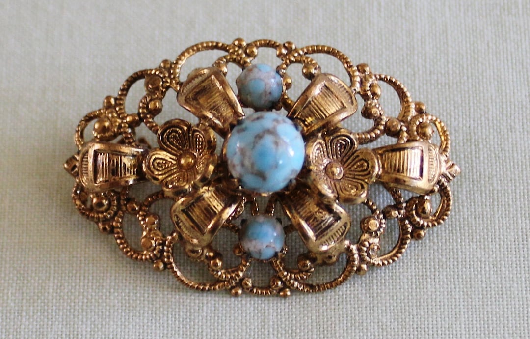 Repousse Pin Faux Turquoise Gold Tone Brooch VFG Art Nouveau - Etsy