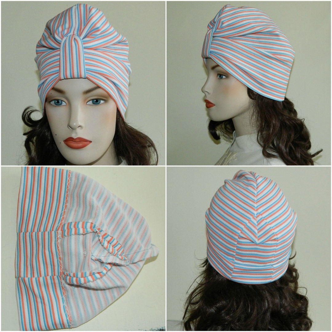 1960s Striped Knit Turban Space Age Cap Salmon Pink Light Blue and ...