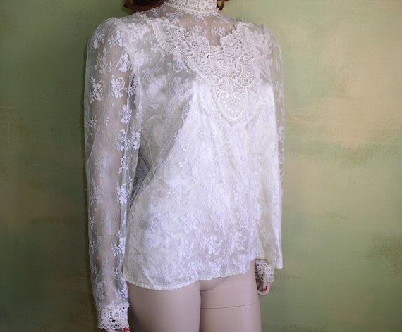 Mixed Lace over Ivory Satin Blouse Scott McClintock 1… - Gem