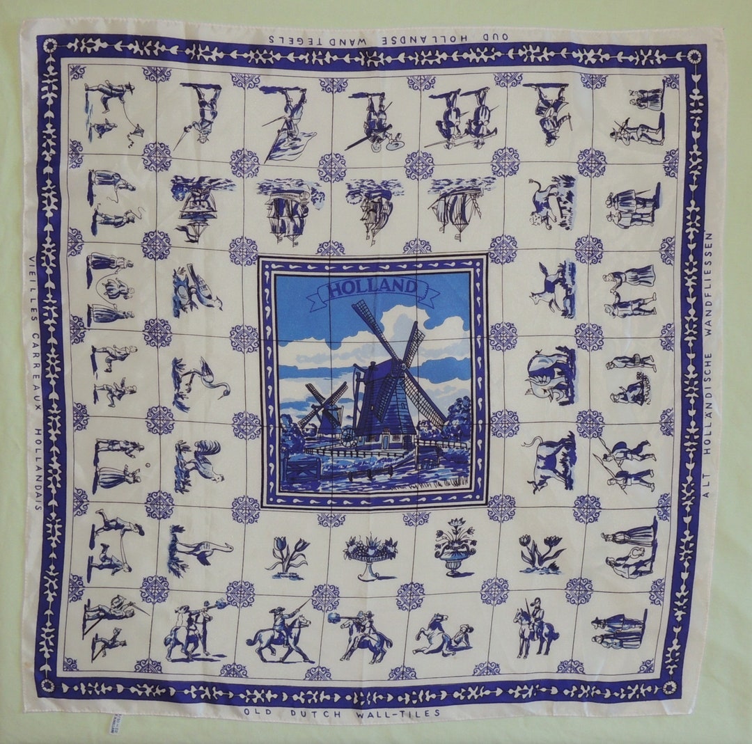 Vtg 60s Elcee Haly HOLLAND Blue Souvenir Scarf 26" Novelty Print ...