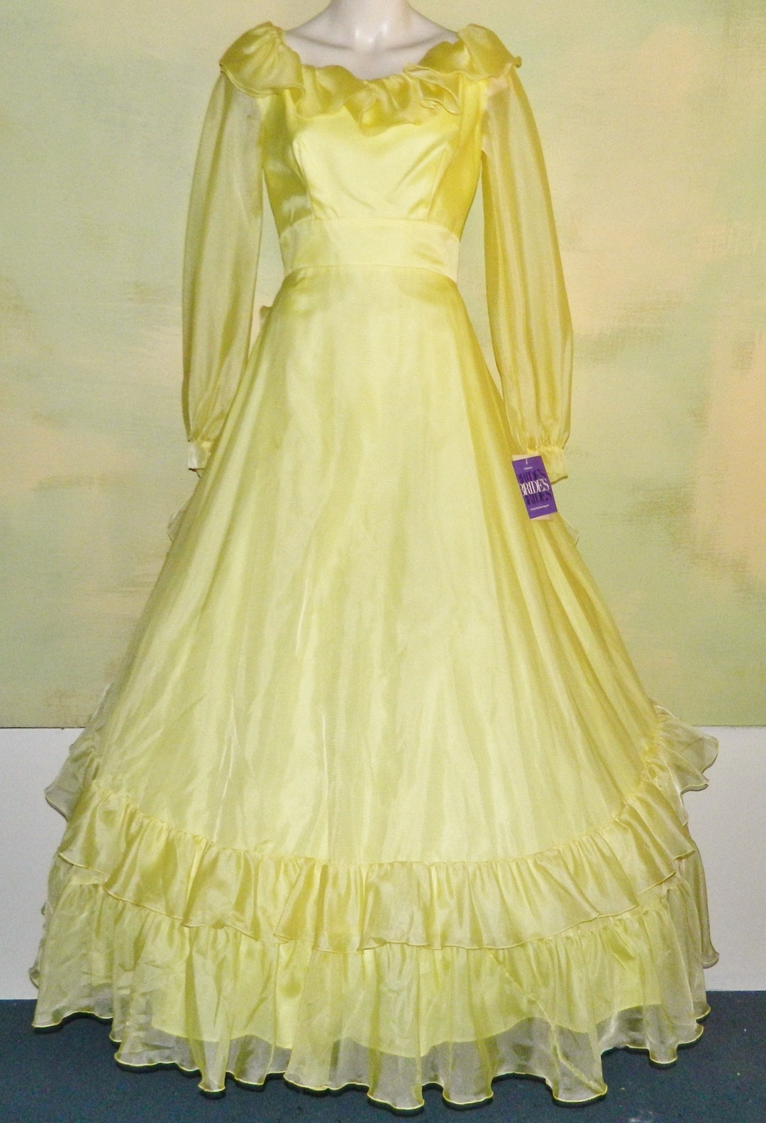 Vintage 1970s 70s Bright Yellow Wedding Dress Romantic Cinderella