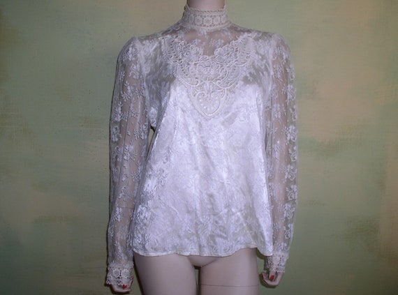 Mixed Lace over Ivory Satin Blouse Scott McClintock 1… - Gem