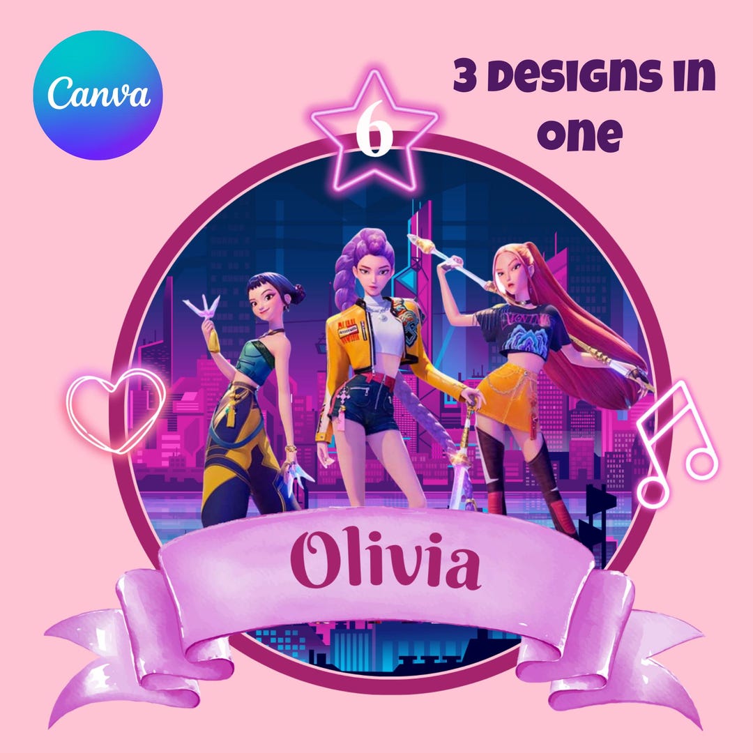 Editable K-pop Demon Hunters Cake Topper, Huntrix Party Decoration ...