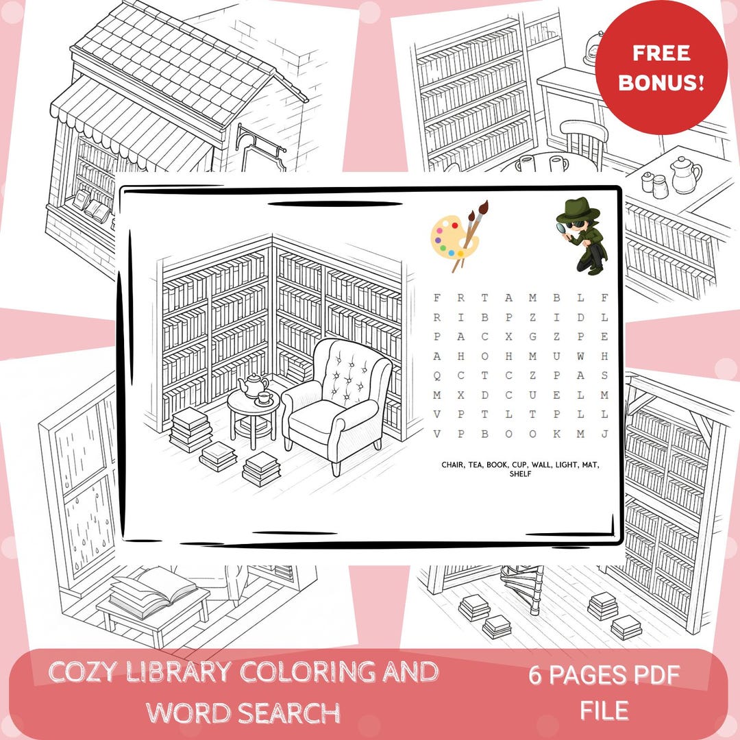 Cozy Library Coloring Pages: Word Search Puzzle, Reading Nook Activity ...